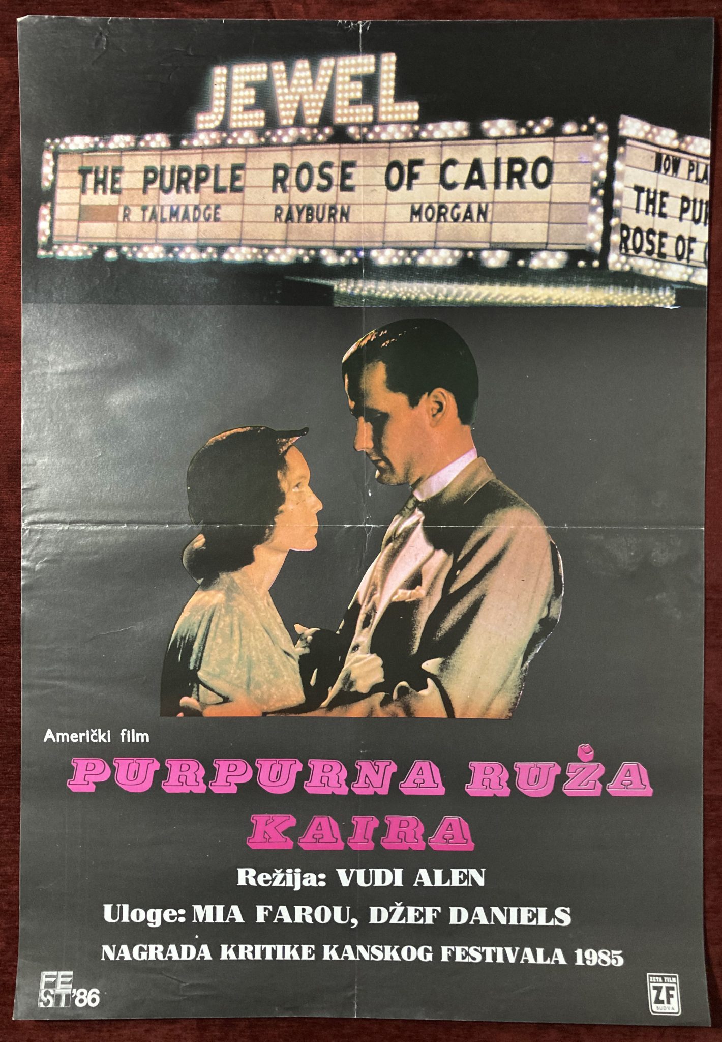 Original Movie Poster Purple Rose of Cairo Mia Farrow Woody Allen 1986 FEST