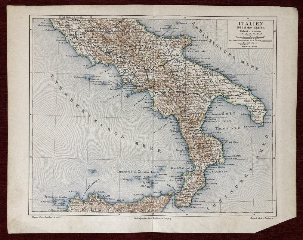 Antique Maps Italy Northern and Southern Italien Meyers Lexikon