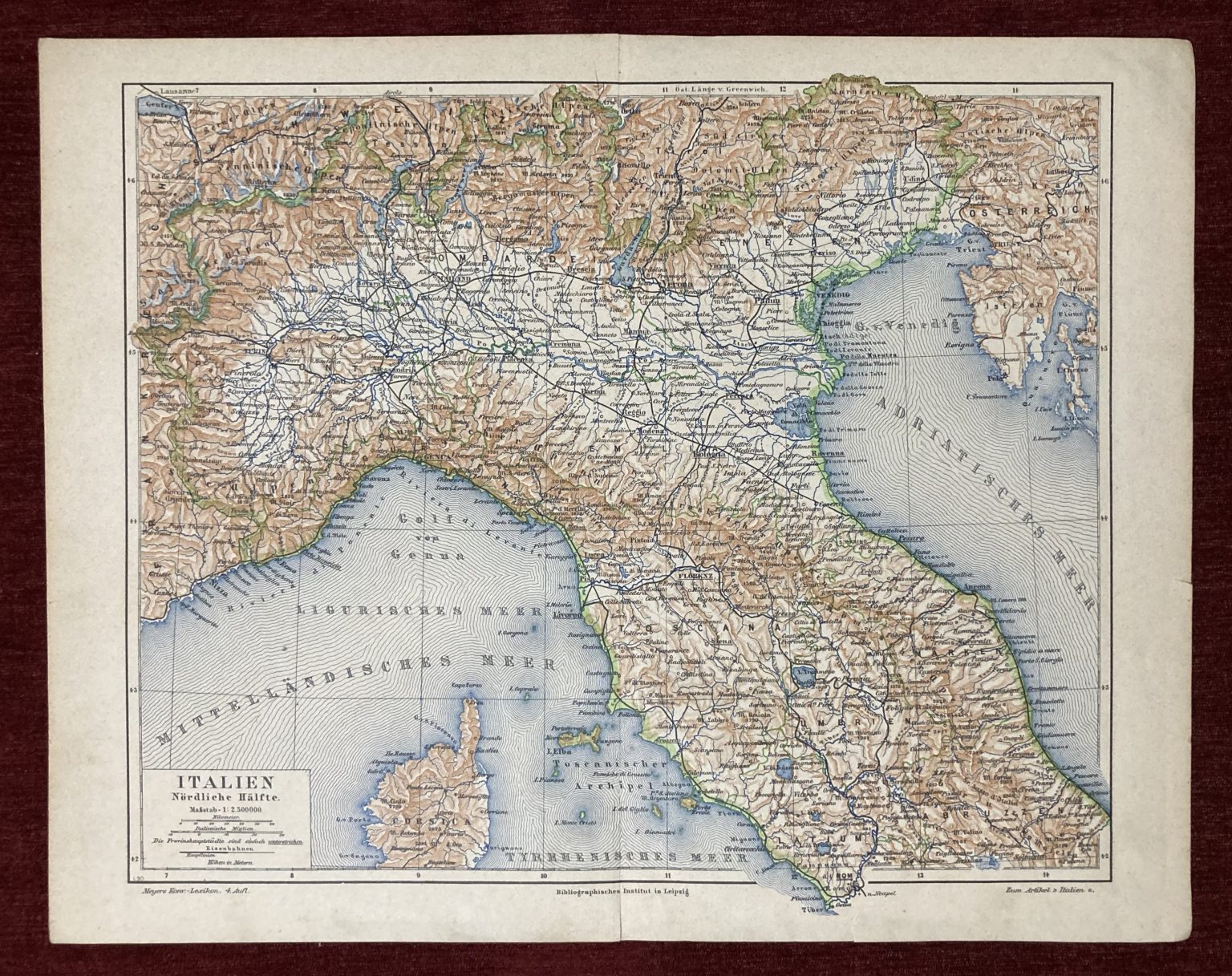 Antique Maps Italy Northern and Southern Italien Meyers Lexikon