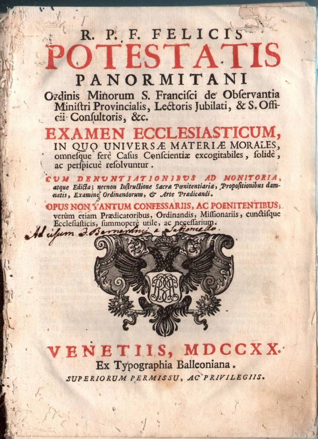 1720 Examen Ecclesiasticum Felix Potesta Religion Ecclesiastical Moral