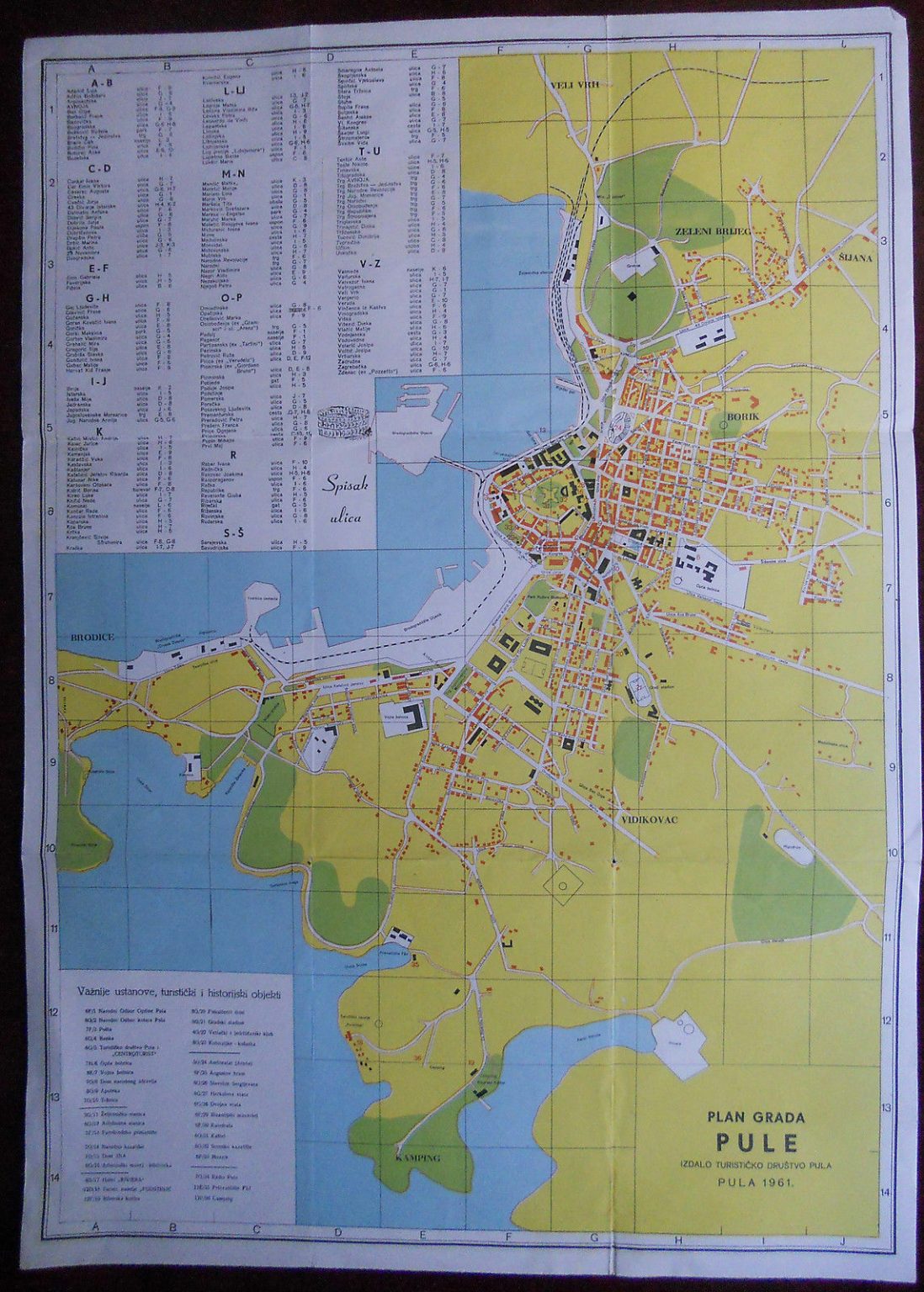 1961 Original Tourist Historical Map Pula Pola Pulj Istra Croatia ...